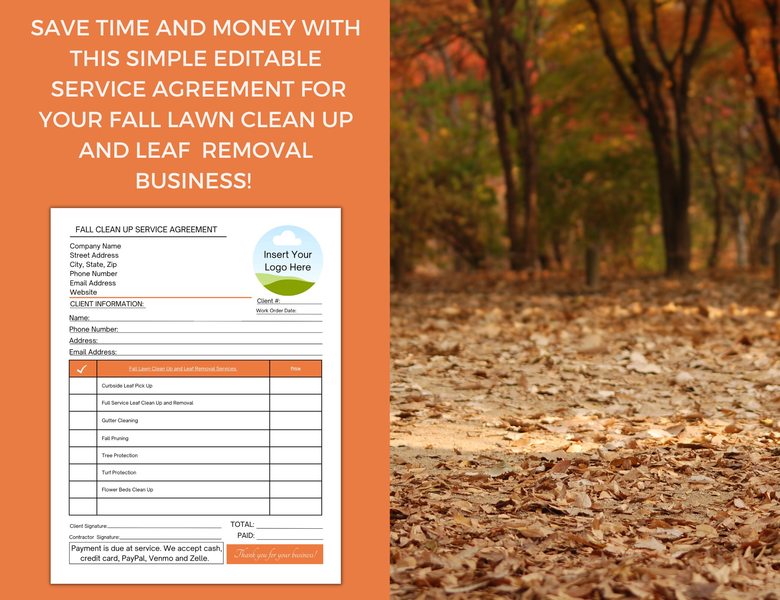 Fall Lawn Clean up Contract, Leaf Removal Service Agreement, Full ...
