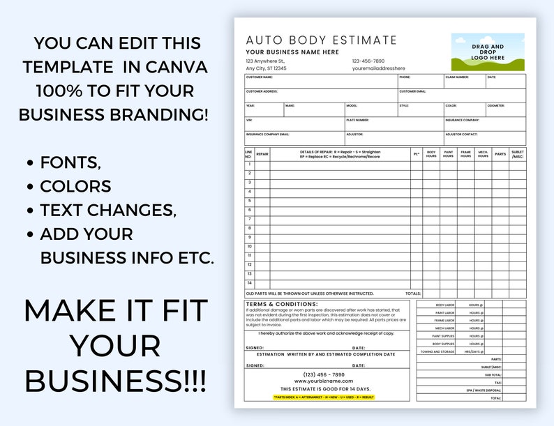 Auto Body Estimate, Editable Estimation Template, Auto Body Repair ...