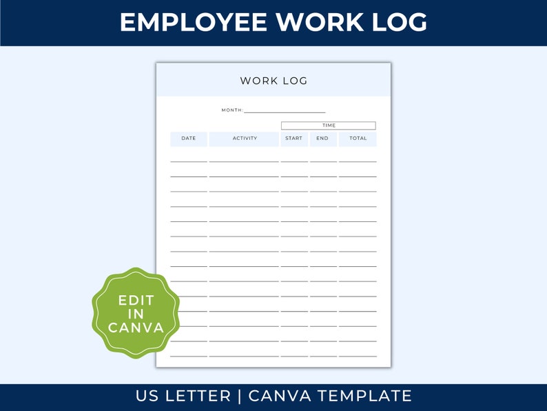 Employee Work Log, Editable Hr Template, Work Log Form, Time Tracking ...