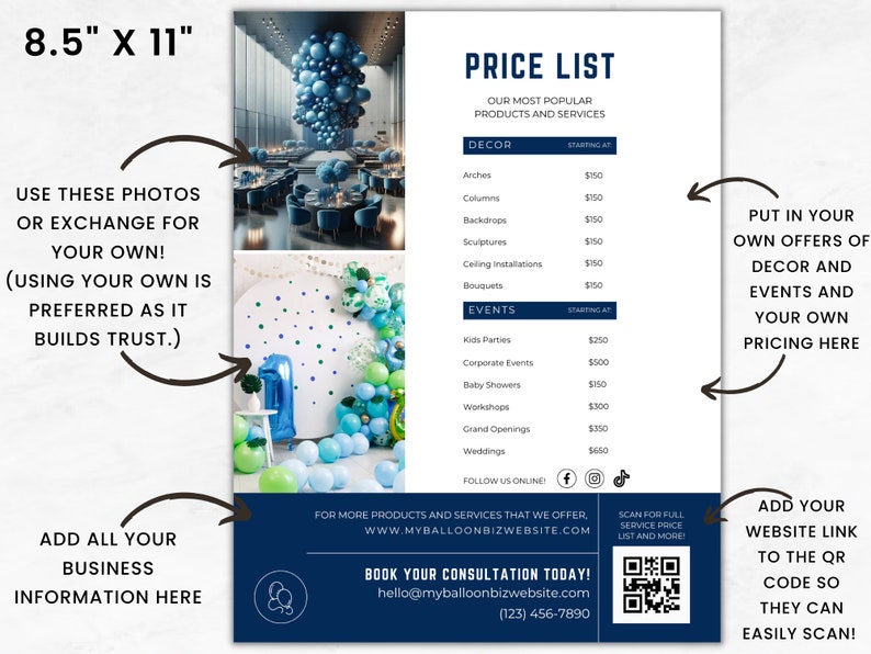Balloon Decor Price List Template, Balloon Business Price List, Price ...
