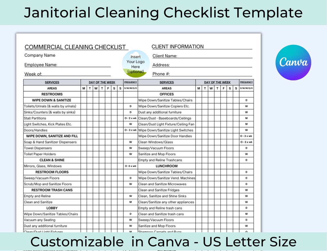 Checklist for Cleaning Service Janitorial Cleaning Checklist - Etsy