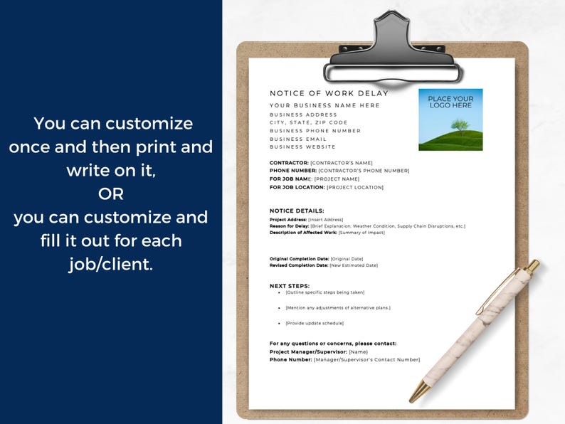 Work Delay Notice Template, Project Delay Letter, Client Notice, Job ...