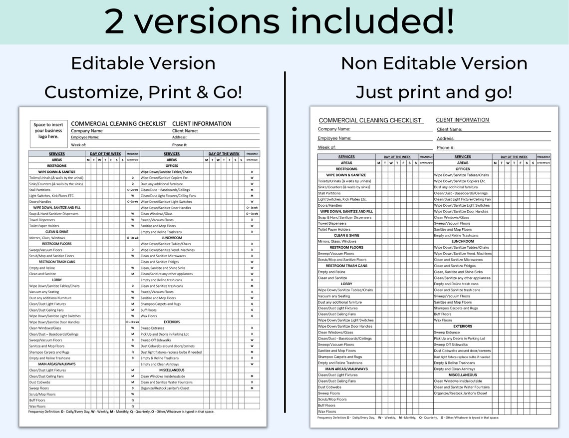 Checklist for Cleaning Service, Janitorial Cleaning Checklist, Janitorial Frequency Chart ...