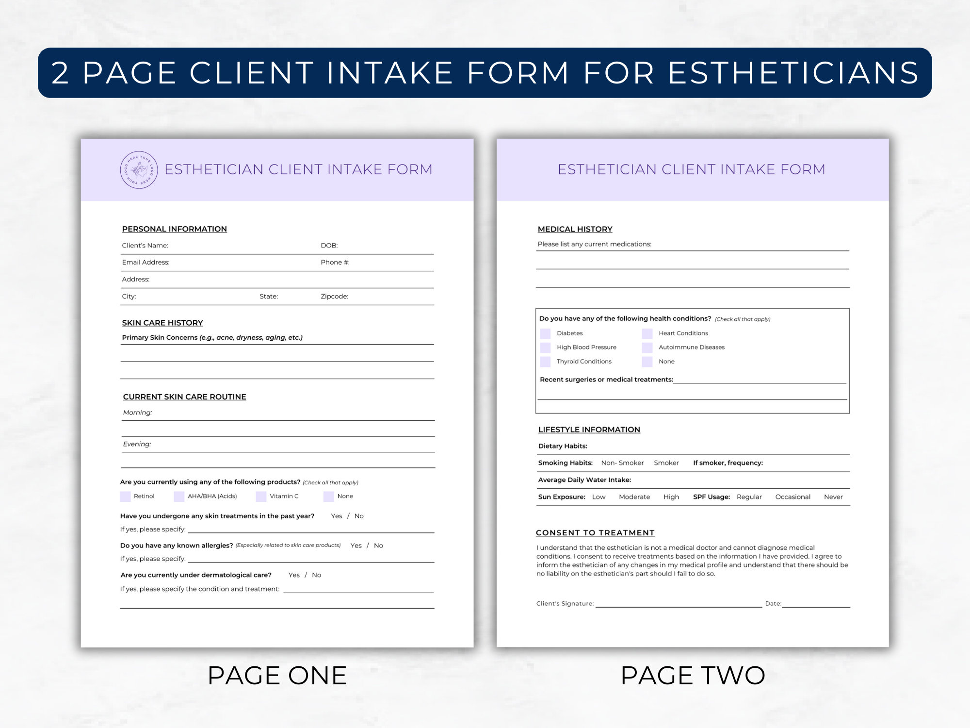 Esthetician Client Intake Form, Client Intake Form for Esthetician ...