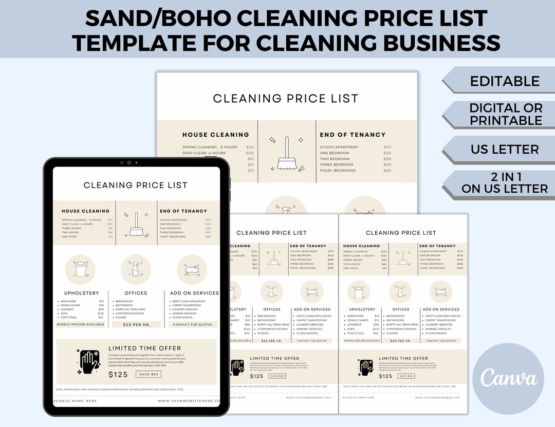 Cleaning Price List, Editable Cleaning Service Price List, Residential ...