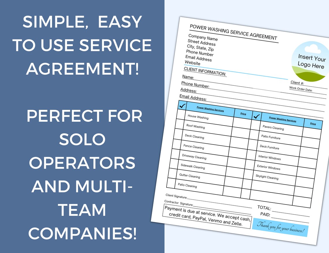 Power Washing Service Agreement, Pressure Washing Service, Editable ...