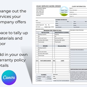 HVAC Service Work Order, HVAC Work Order, Heating and Cooling Work ...