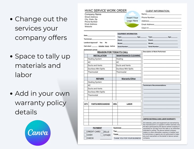 HVAC Service Work Order, HVAC Work Order, Heating and Cooling Work ...