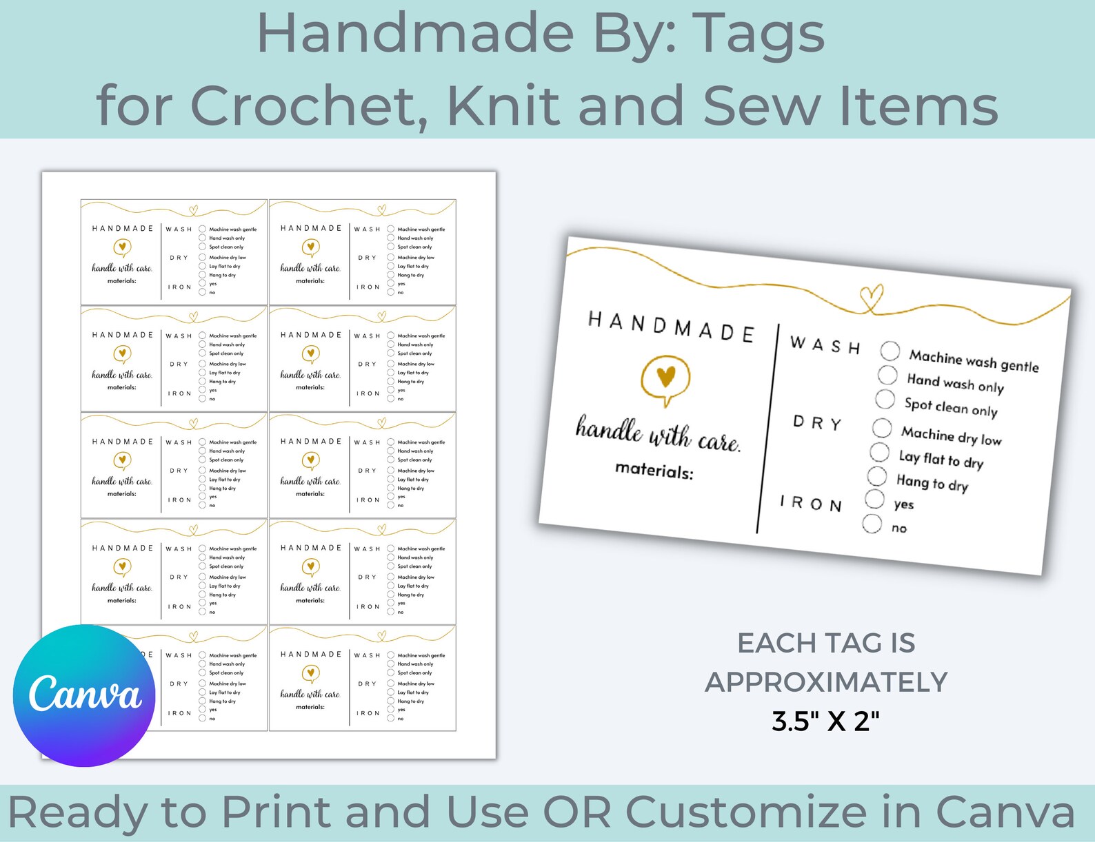 Printable Care Tag, Care Labels, Handmade for You, Washing Instructions ...