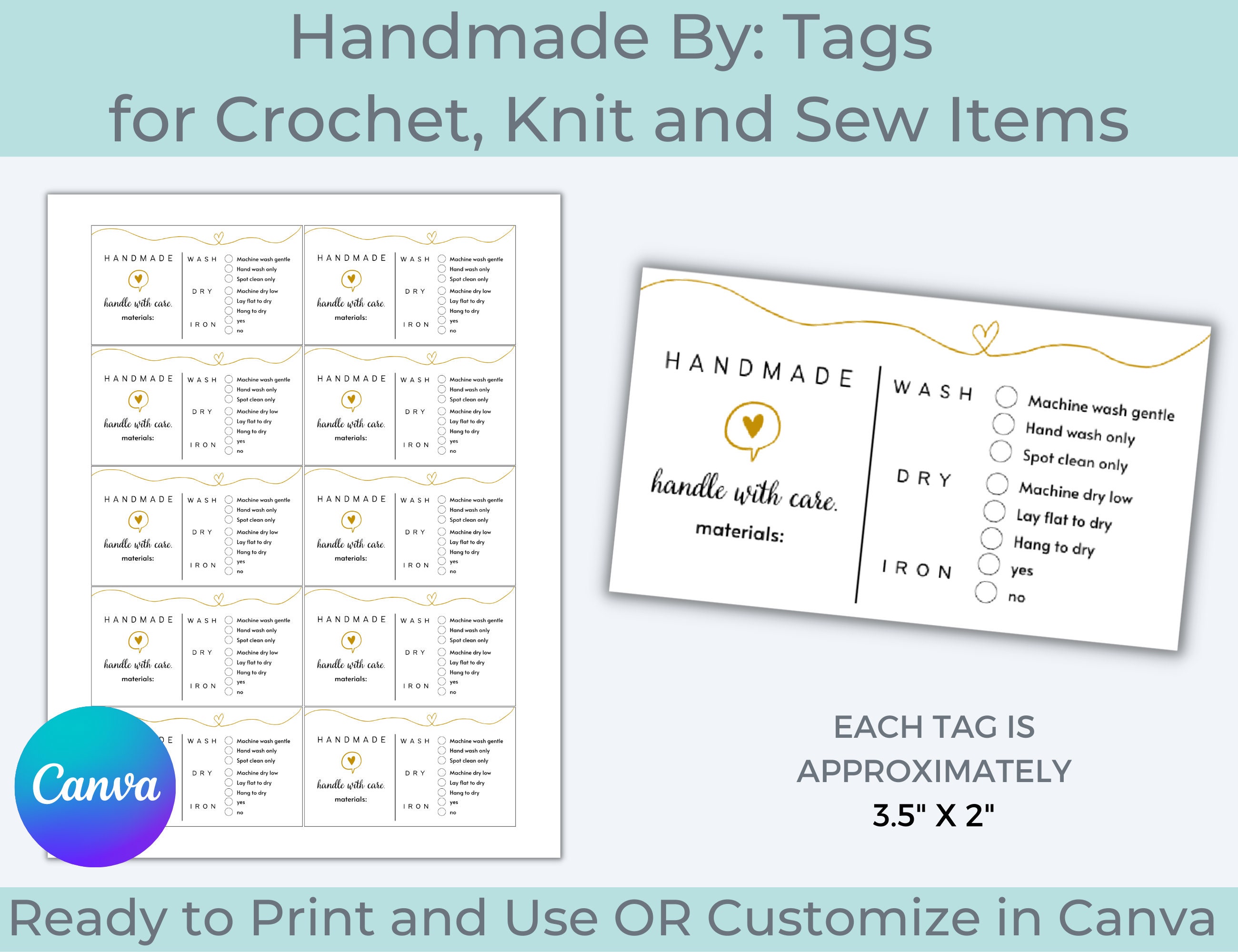 Printable Care Tag, Care Labels, Handmade for You, Washing Instructions ...