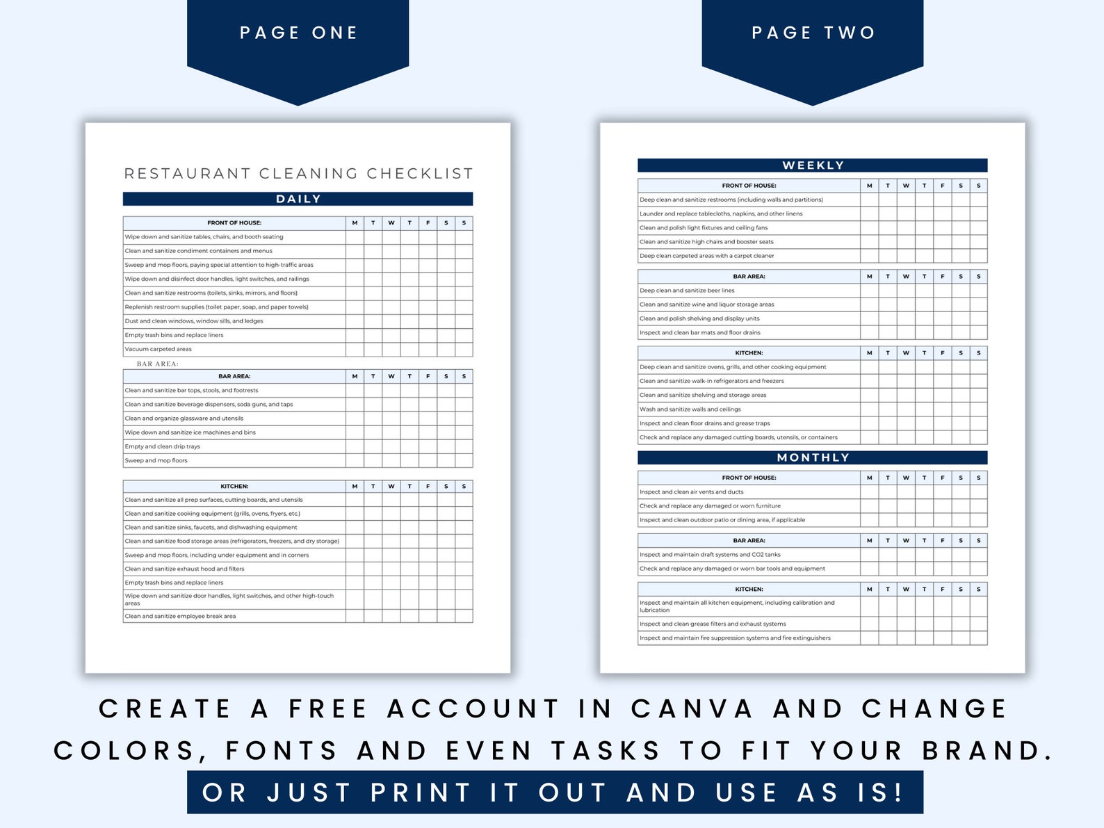 Restaurant Cleaning Checklist Template, Food Service Sanitation, Daily ...