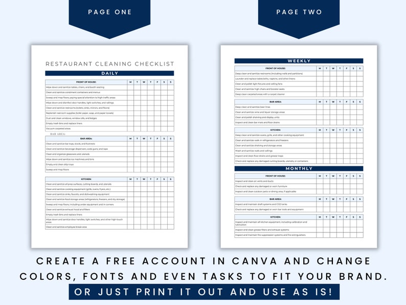 Restaurant Cleaning Checklist Template, Food Service Sanitation, Daily ...