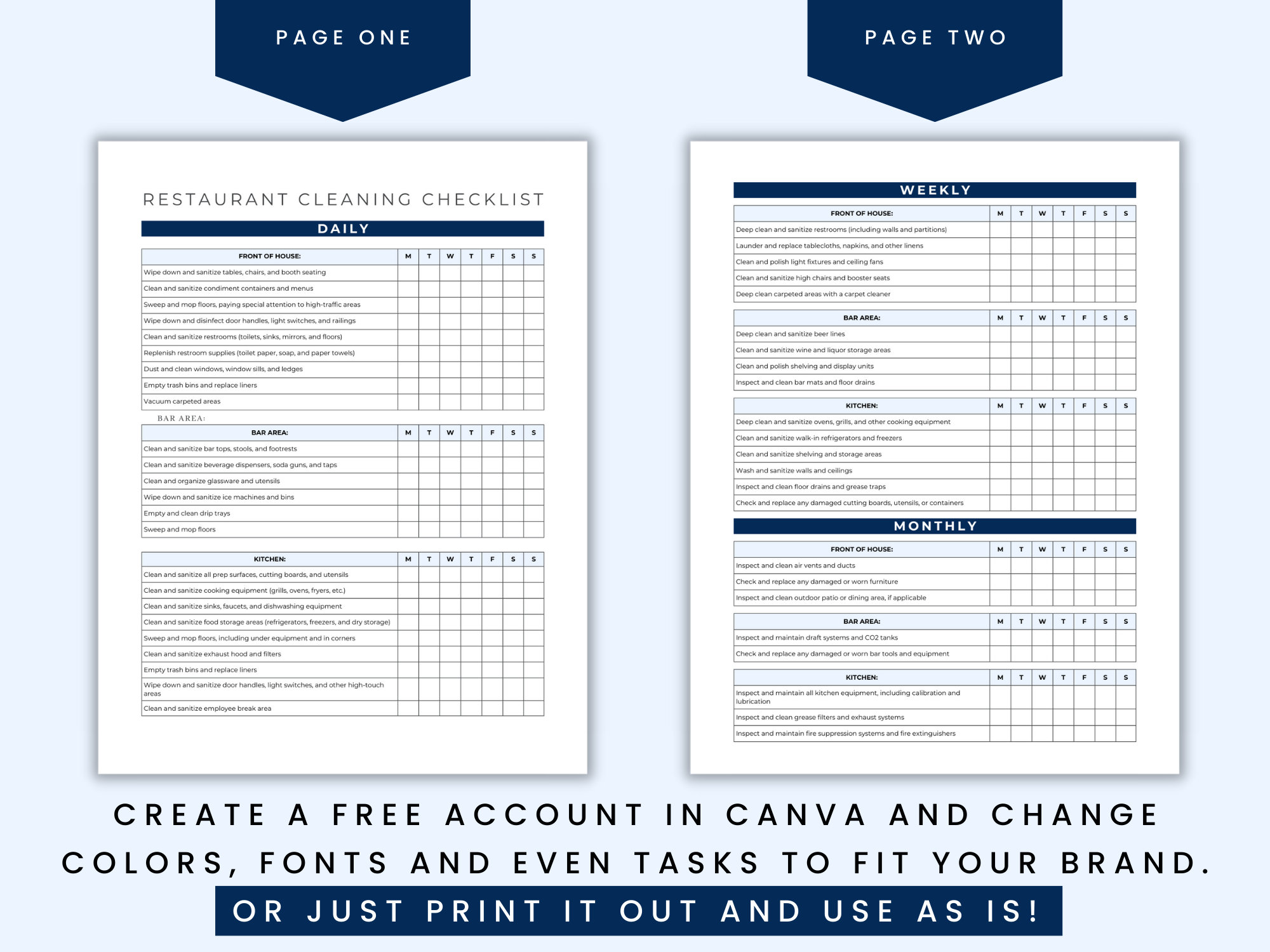 Restaurant Cleaning Checklist Template, Food Service Sanitation, Daily ...