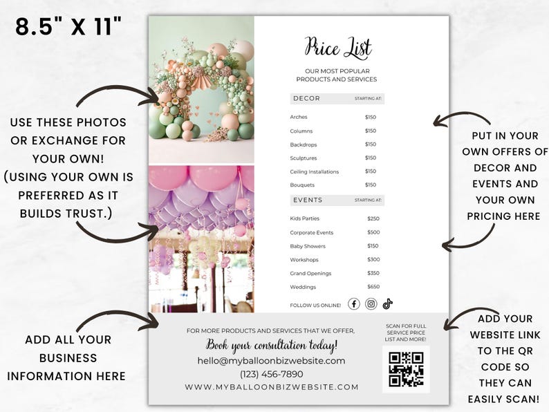 Balloon Decor Price List, Pricing Sheet, Rate Card, Flyer, Balloon ...