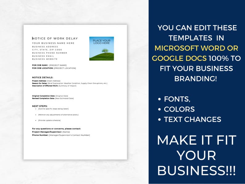 Work Delay Notice Template, Project Delay Letter, Client Notice, Job ...