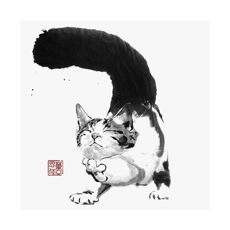 Contented Cat Ink Art Poster Whimsical Black and White Feline ...