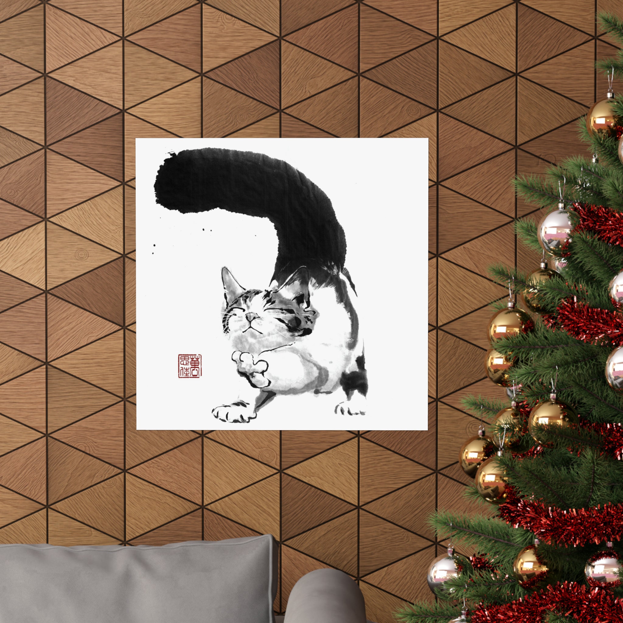 Contented Cat Ink Art Poster Whimsical Black and White Feline ...