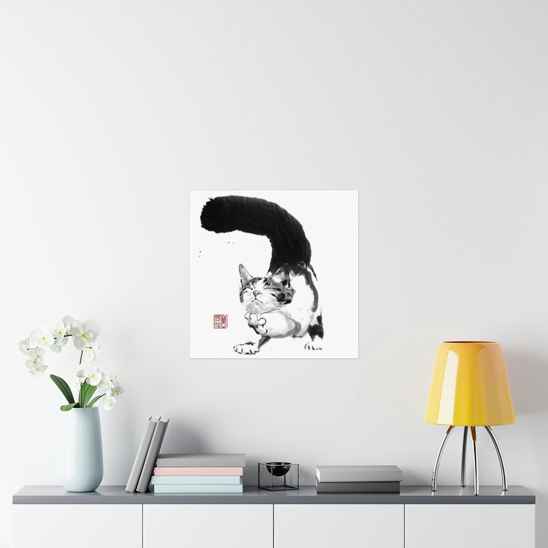 Contented Cat Ink Art Poster Whimsical Black and White Feline ...