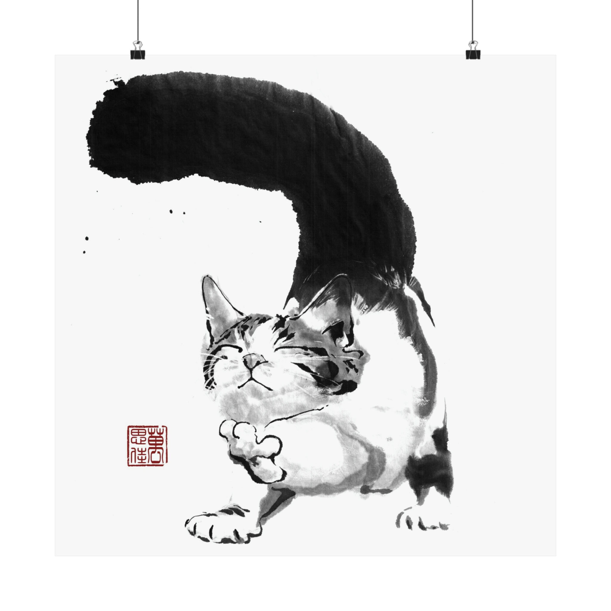 Contented Cat Ink Art Poster Whimsical Black and White Feline ...