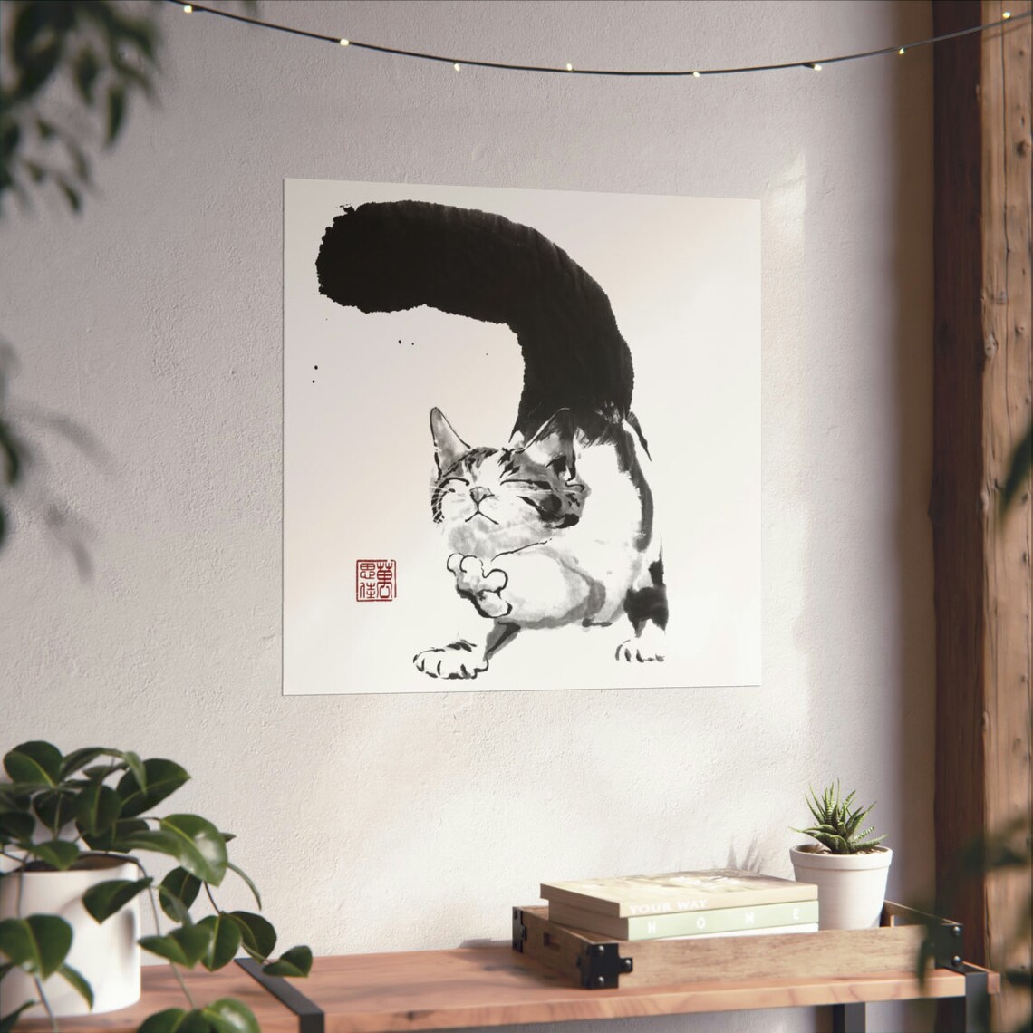 Contented Cat Ink Art Poster Whimsical Black and White Feline ...