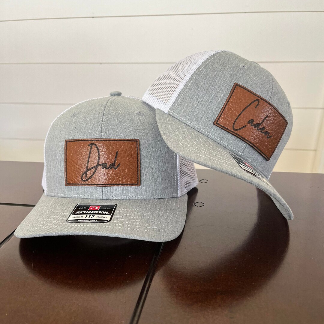 Custom Cursive Father and Son Hats - Leather Patch Hats - 1 Adult Hat ...