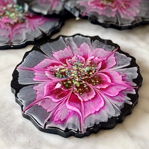 Fuschia Pink White 3D Floral Geode Resin Coaster | Jewelry Dish With ...