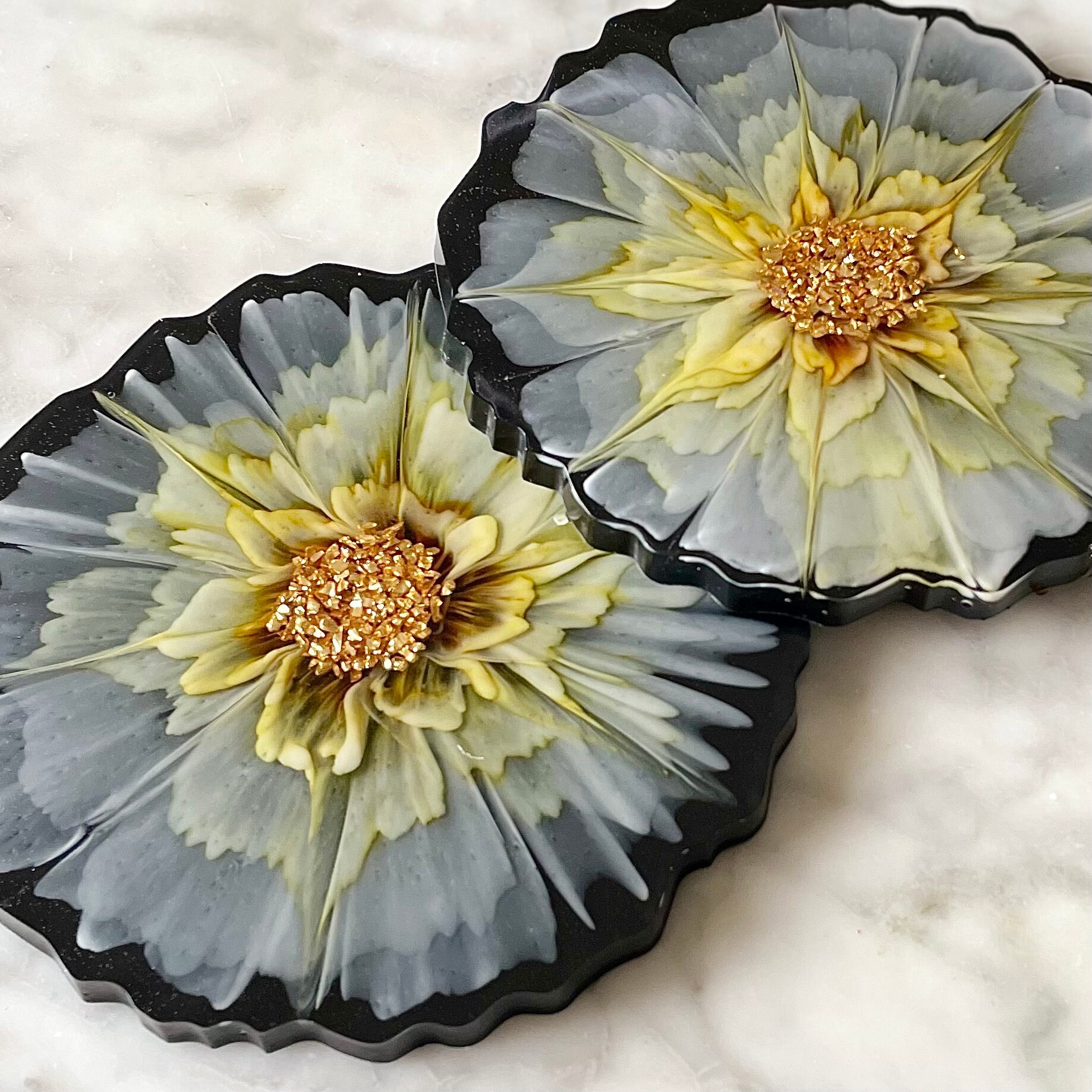 Yellow White and Gold 3D Floral Geode Resin Coasters | Jewelry Dish ...