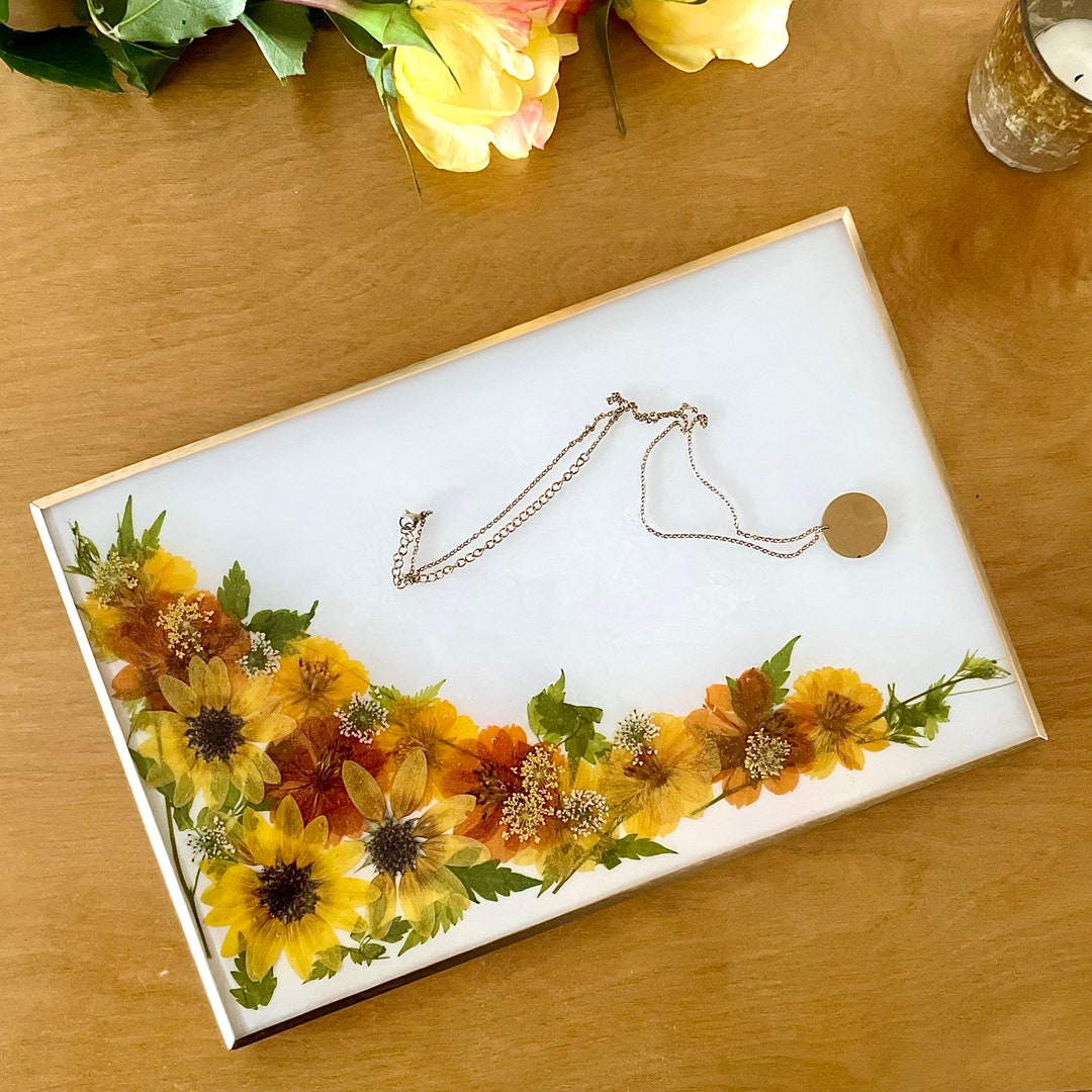 Pressed Sunflowers and White Resin Tray With Gold Rim | Housewarming ...