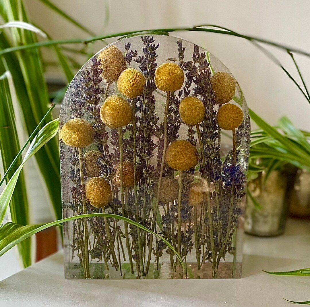 Dried Preserved Yellow Craspedia and Lavender Resin Arch Bouquet ...