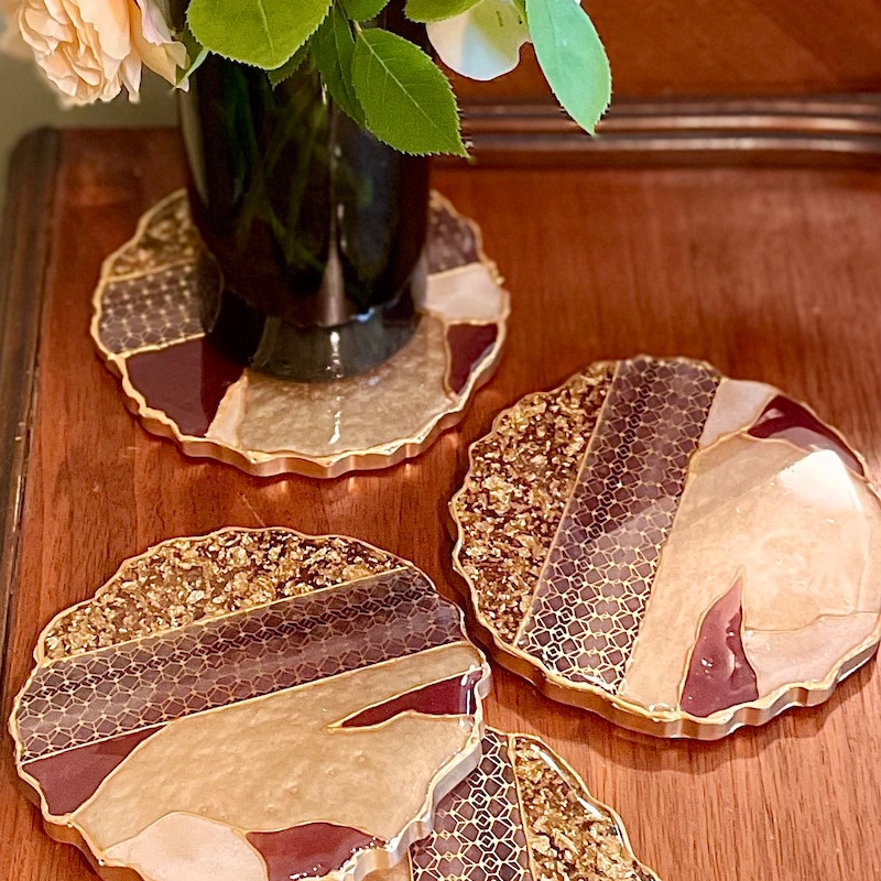 Burgundy Gold Coasters - Etsy