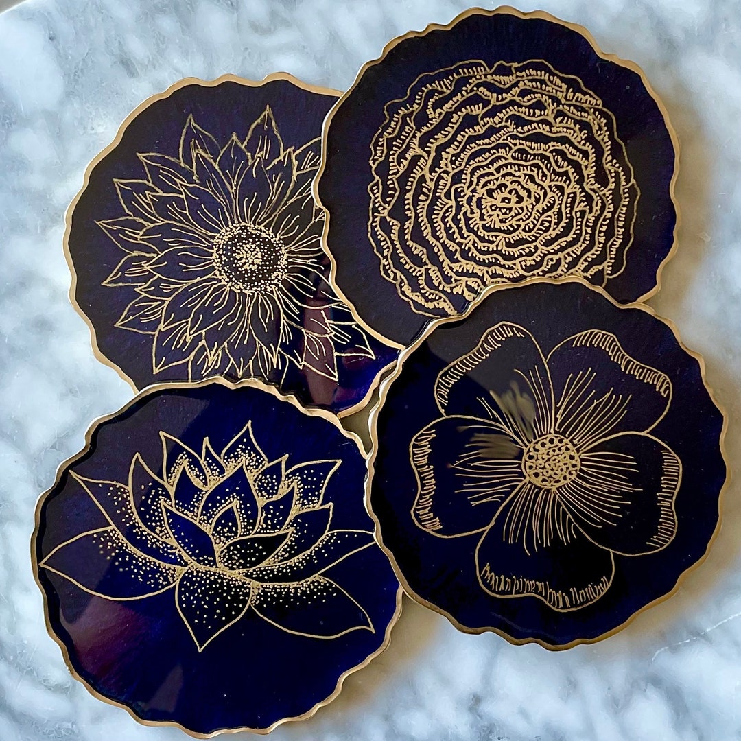 Hand-drawn Dark Navy and Gold Floral Geode Resin Coasters ...
