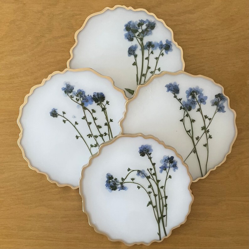 Pressed Dried Forget-me-not Flower Resin Tray and Coasters With Gold ...