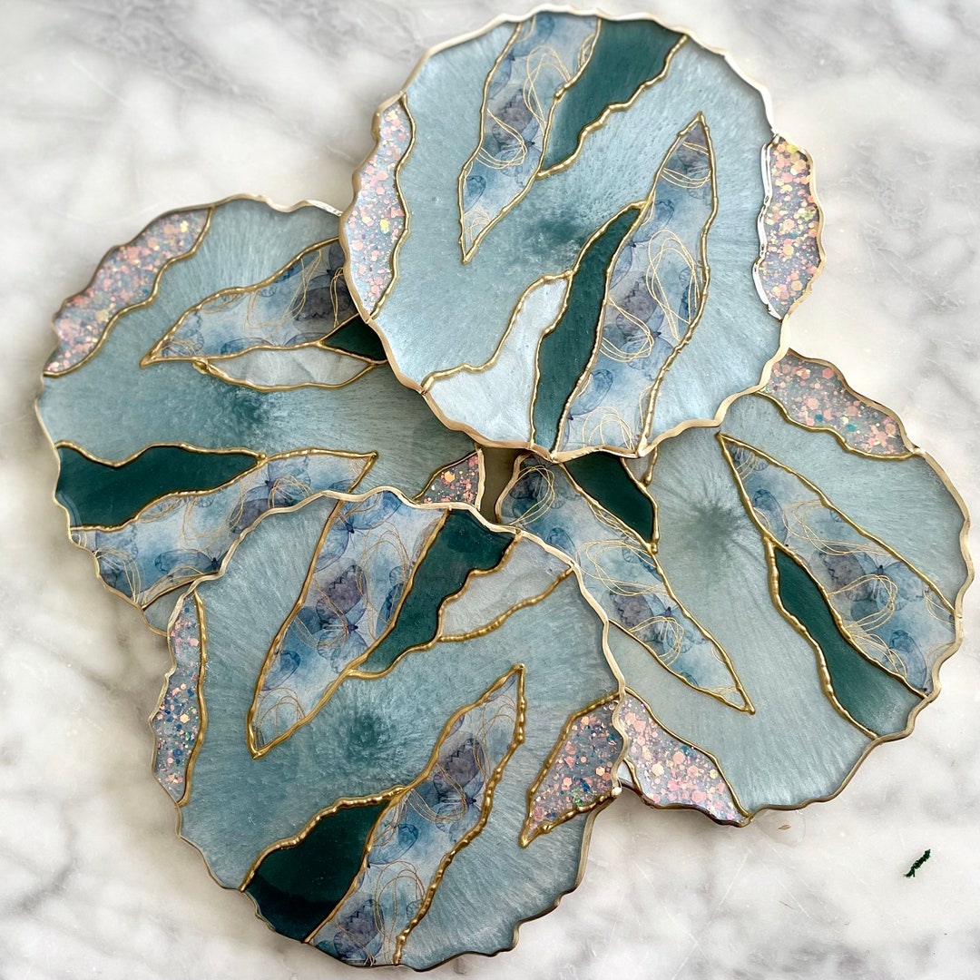 Blue-grey Geode-shaped Resin Coasters | Washi Tape | Gold Leaf ...