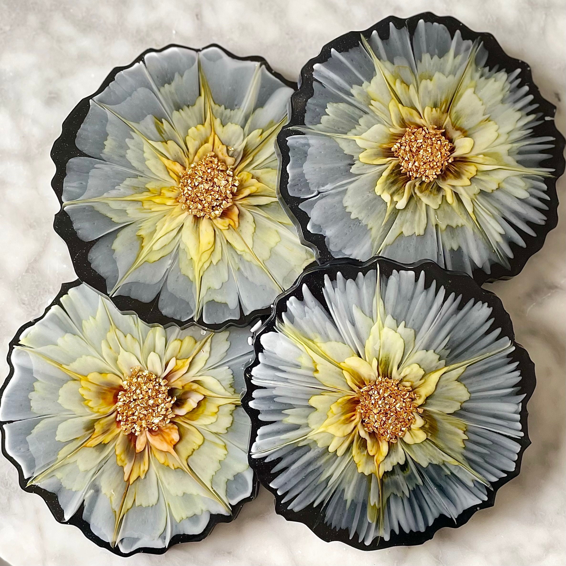 Yellow White and Gold 3D Floral Geode Resin Coasters | Jewelry Dish ...