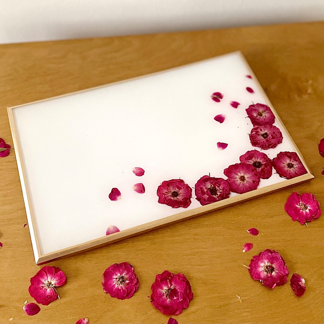 Pressed Red Roses and White Resin Tray With Gold Rim | Housewarming ...