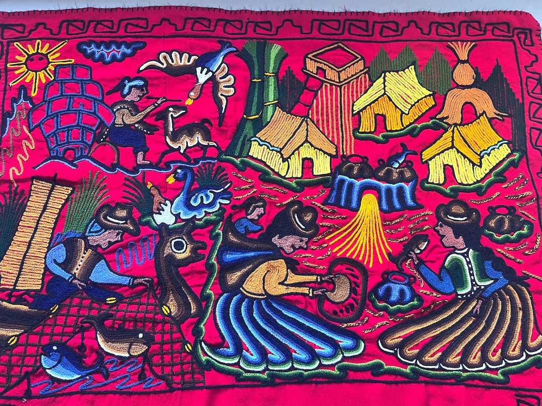 Peruvian Embroidered Folk Art Wall Hanging Tapestry Wool Embroidered ...