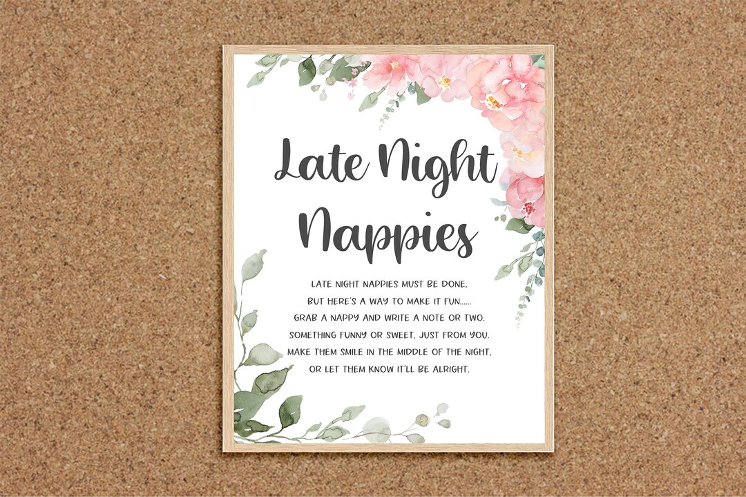 Pink Floral Baby Shower Games Late Night Nappies Late Night Nappy Sign ...