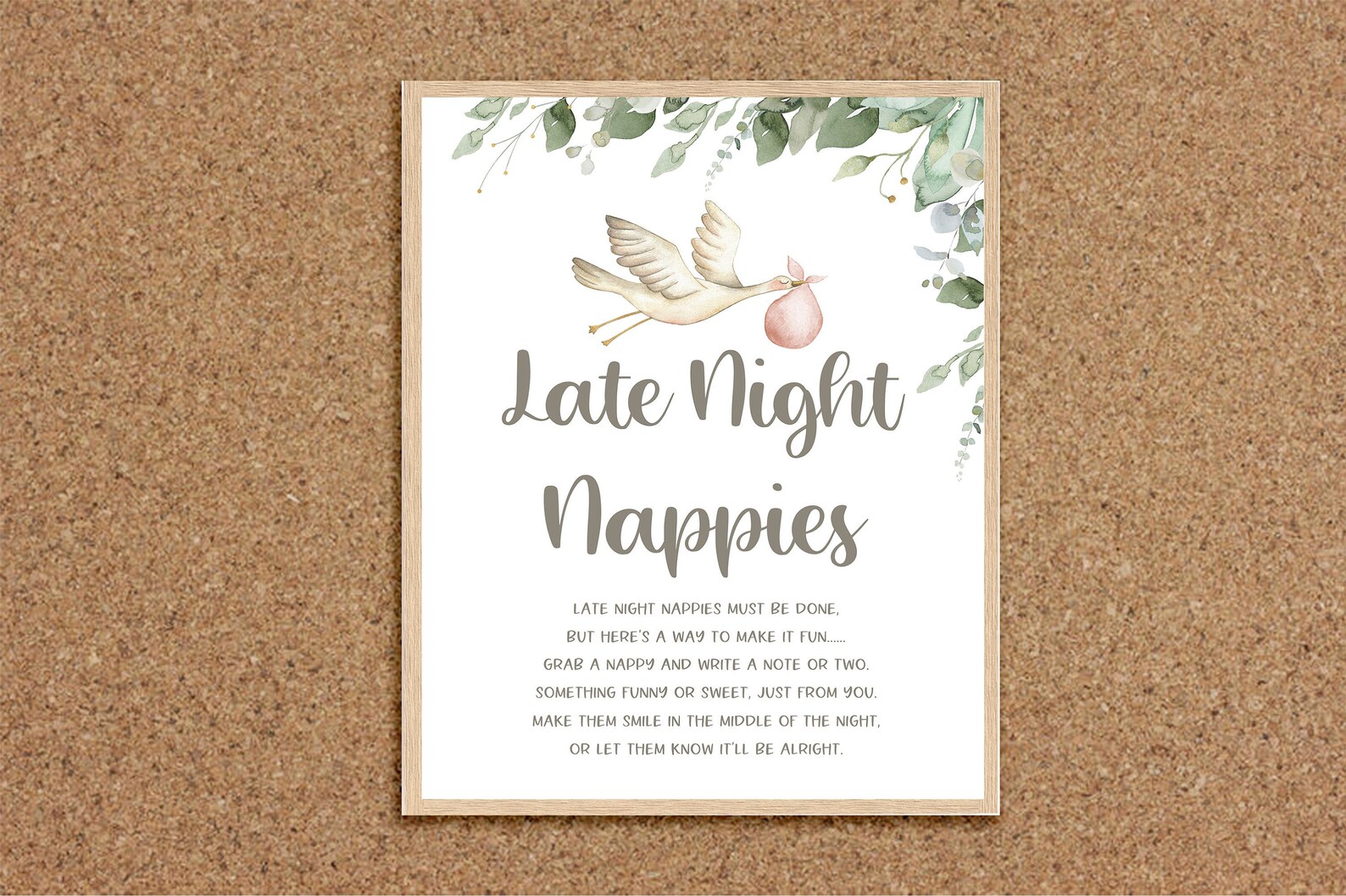 Late Night Nappies Stork Baby Shower Games Girl Late Night Nappy Sign ...