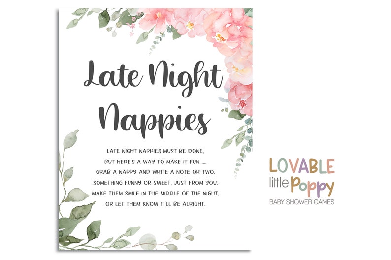 Pink Floral Baby Shower Games Late Night Nappies Late Night Nappy Sign ...