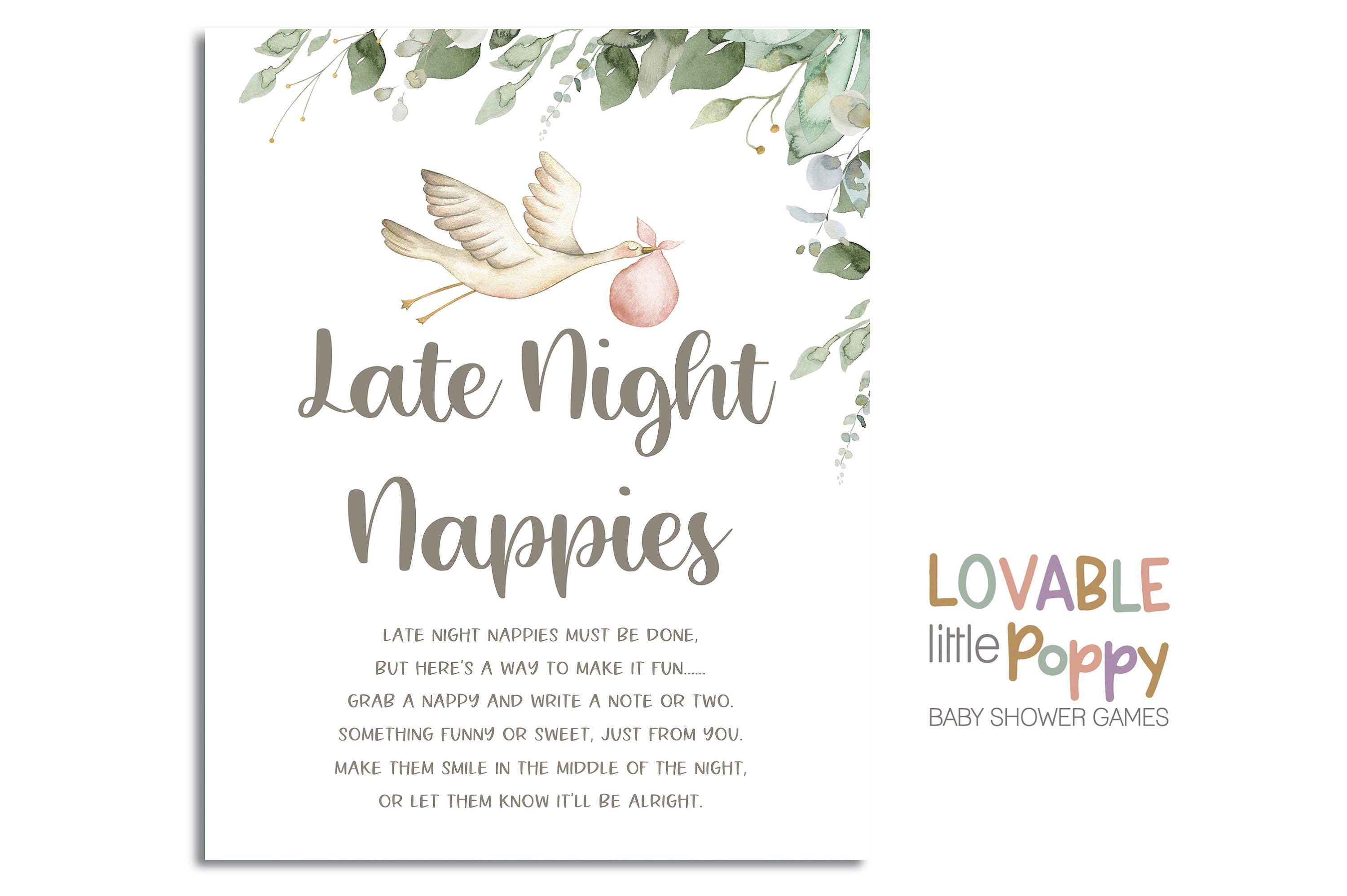 Late Night Nappies Stork Baby Shower Games Girl Late Night Nappy Sign ...