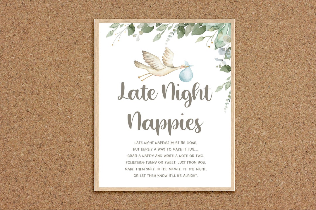 Late Night Nappies Stork Baby Shower Games Boy Late Night Nappy Sign ...