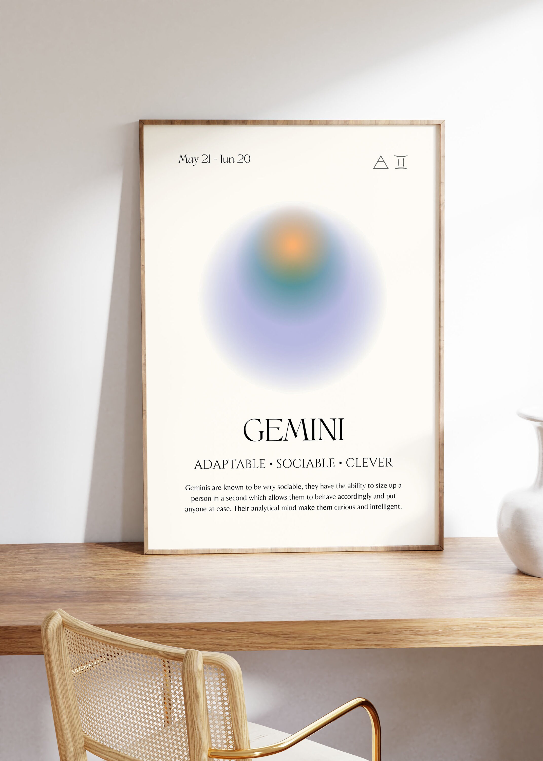 Gemini Zodiac Sign Gift Poster, Gradient Aura Gemini Wall Art, Zodiac ...