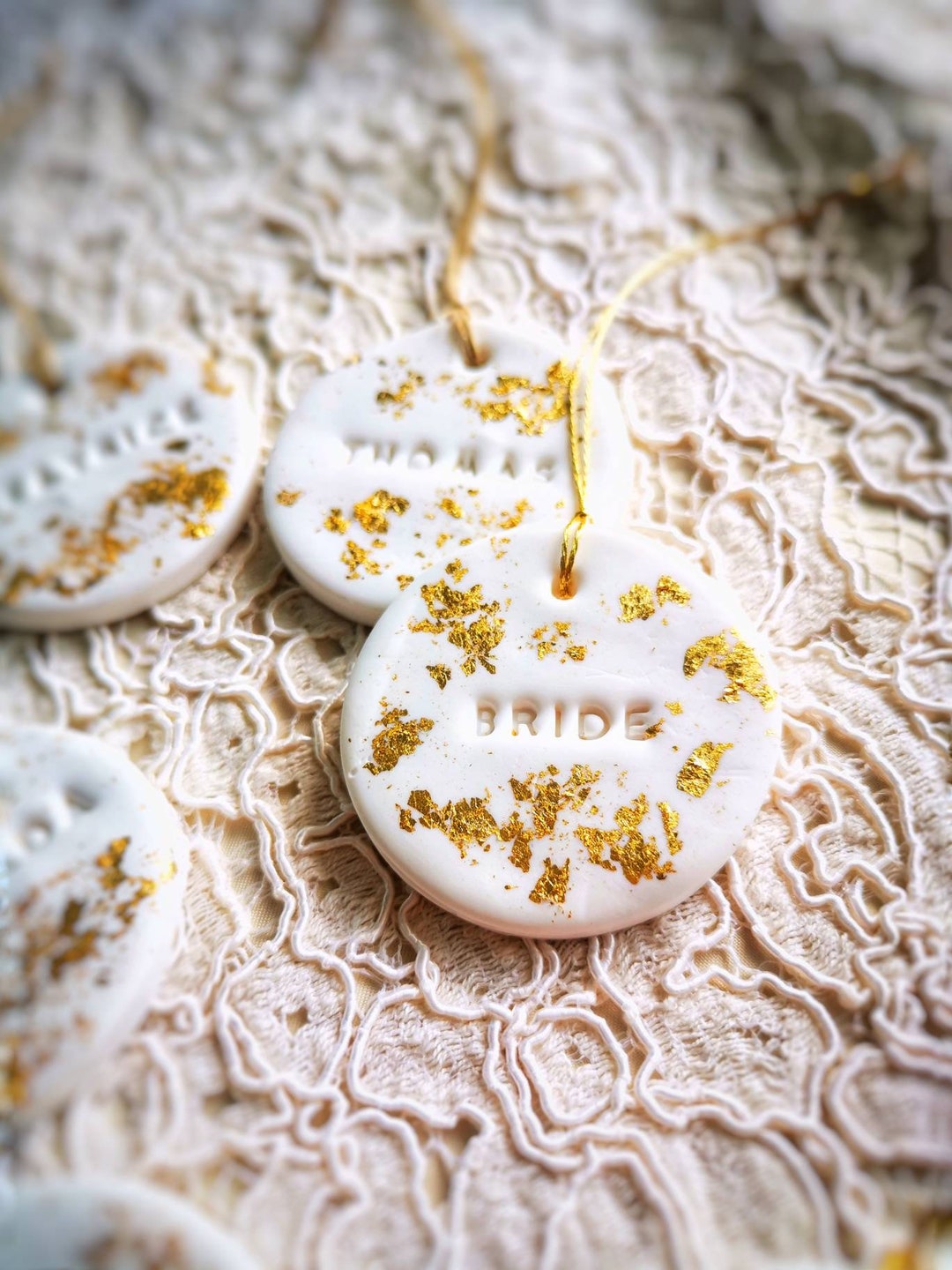 Personalized Wedding Favors With Gold Leaf | Handmade Ceramic Name Tags ...