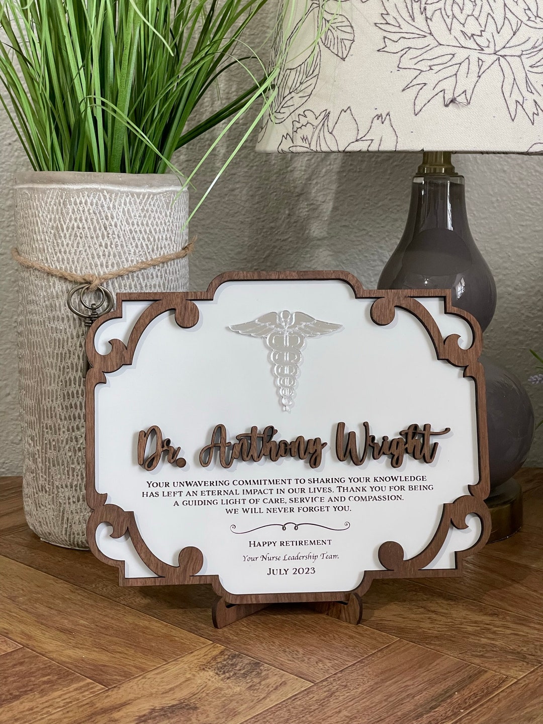 Personalized Medical Retirement Plaque: Walnut & Acrylic Caduceus Gift ...
