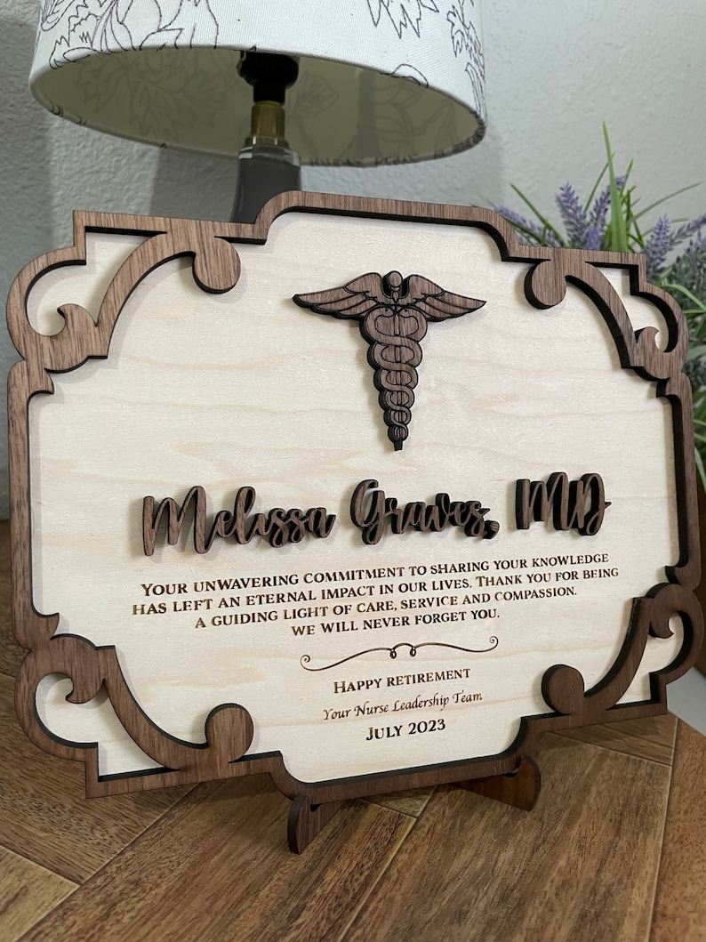 Personalized Medical Retirement Plaque: Walnut & Acrylic Caduceus Gift ...