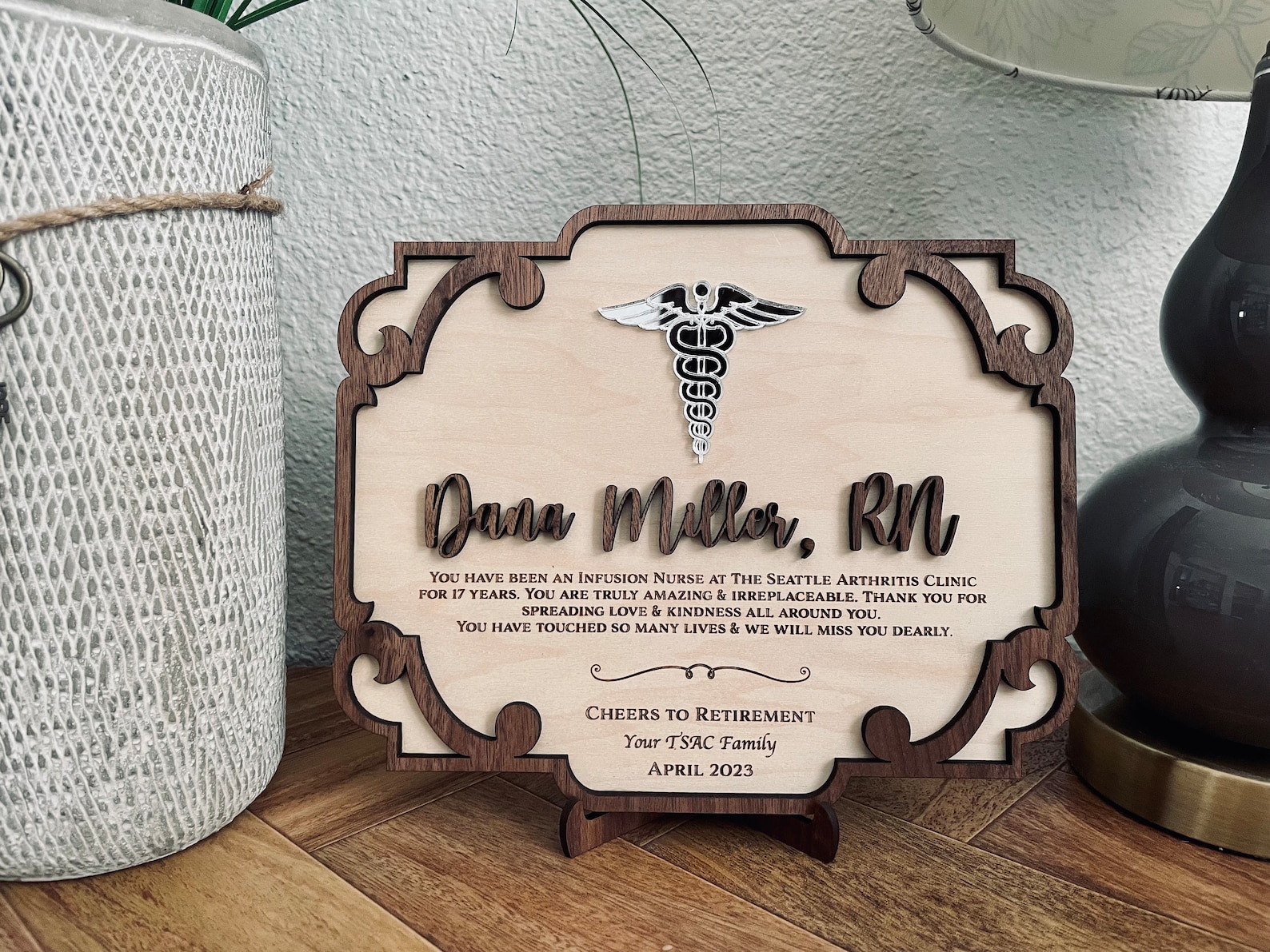 Personalized Medical Retirement Plaque: Walnut & Acrylic Caduceus Gift ...