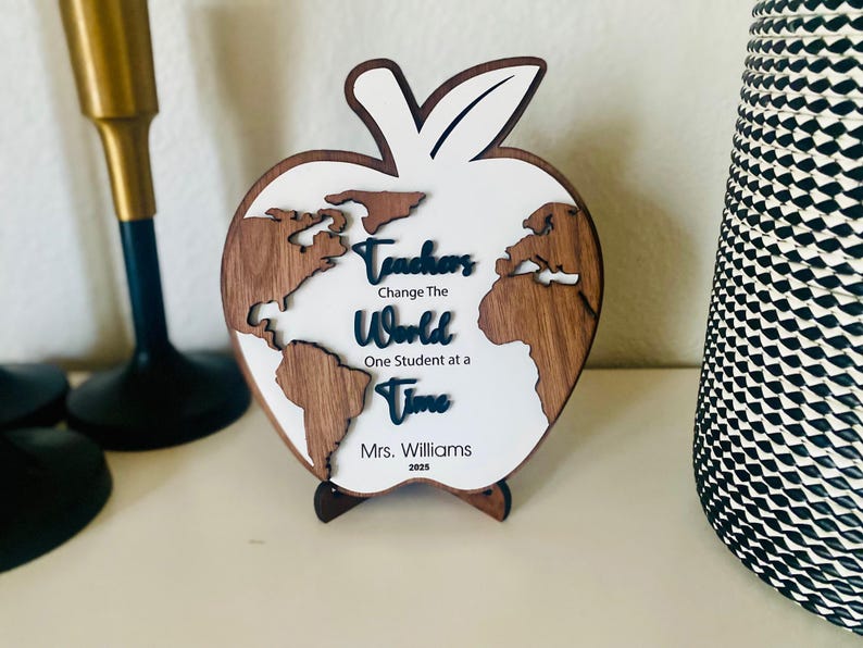 Personalized Teacher Apple Desk Sign: Layered Acrylic & Wood - Etsy