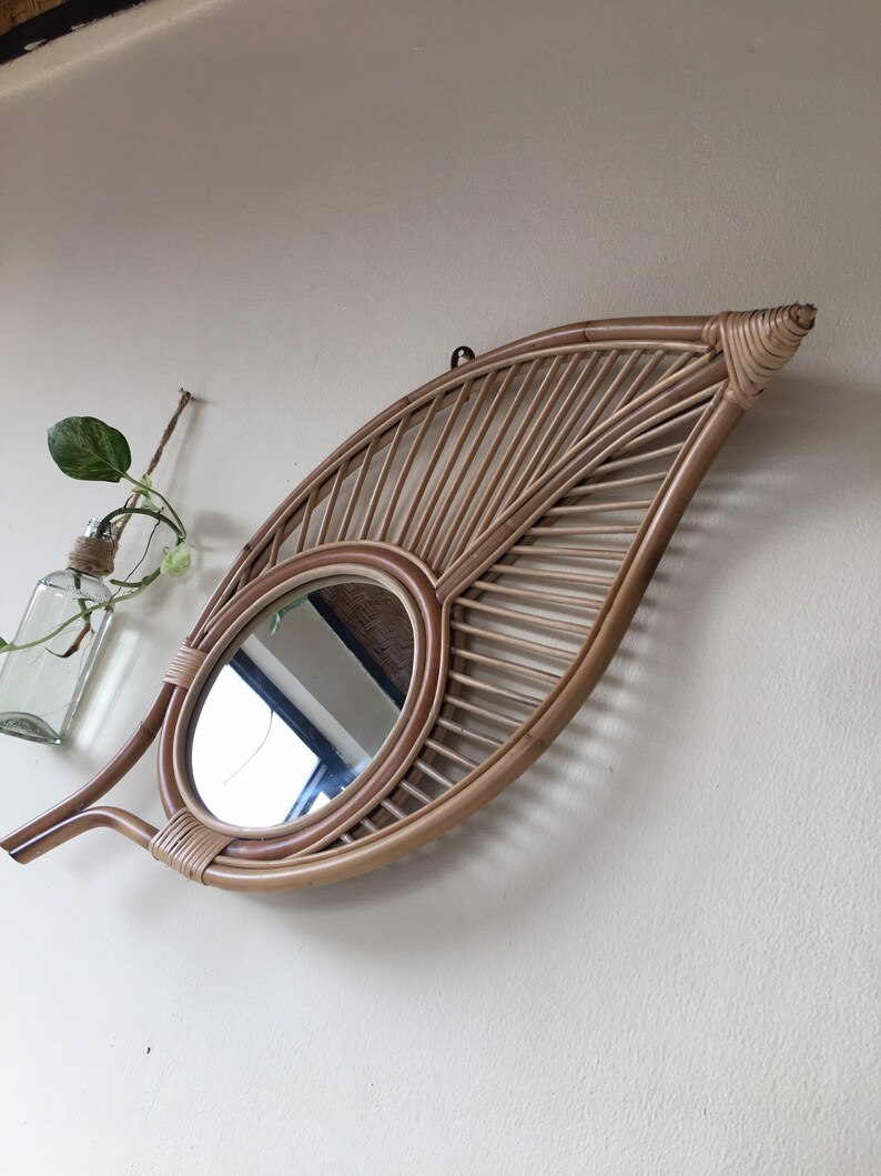 Rattan Wall Decor, Leaf Shape Mirror, Leaf Shape Rattan Mirror, Rattan ...