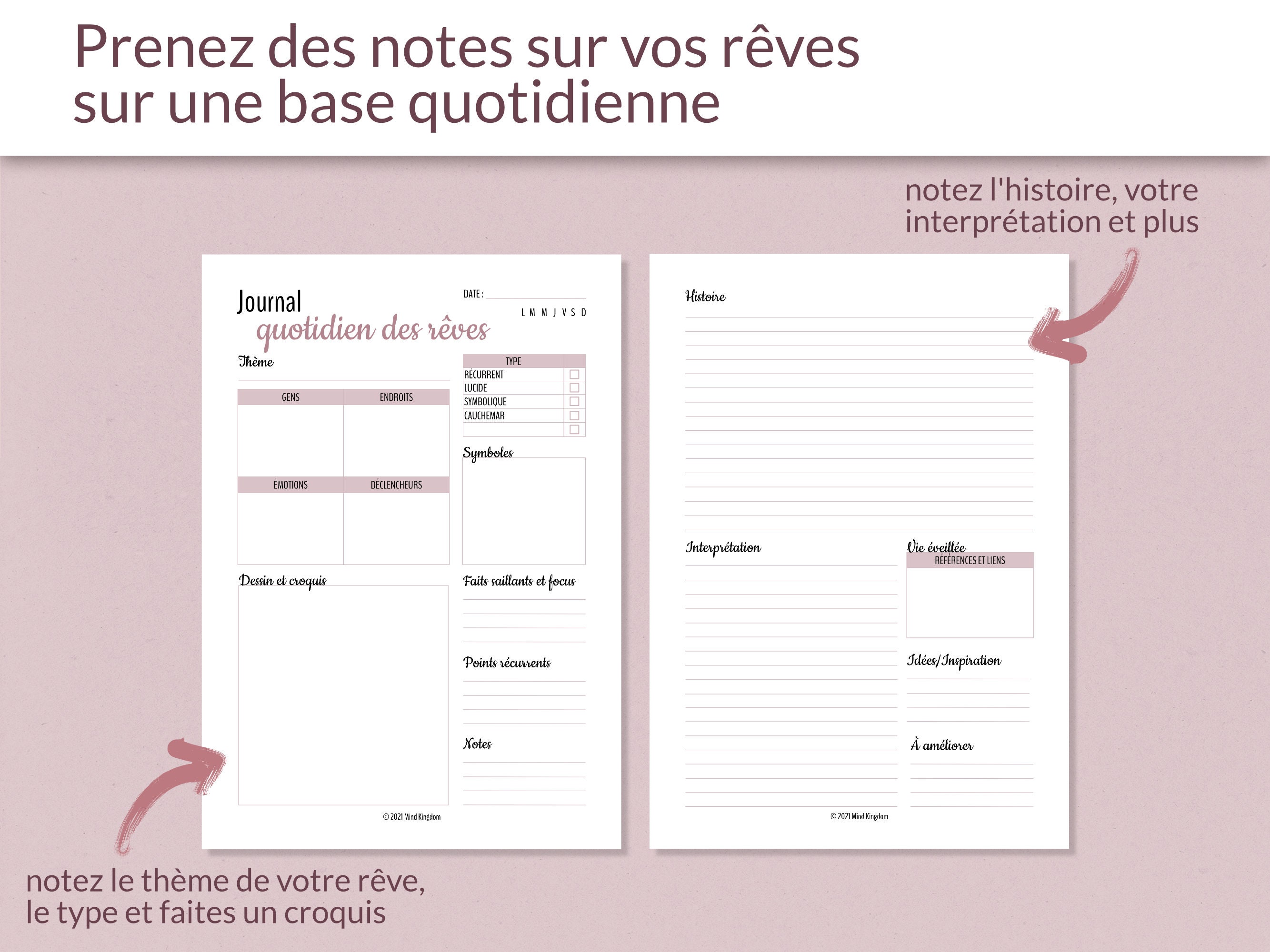 Printable Dream Journal Dream Tracker Dream Log Dream Diary French ...