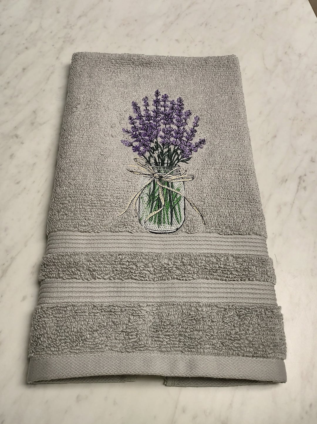 Embroidered Hand Towel, "lavender Bouquet in a Jar", Silver/gray Hand ...